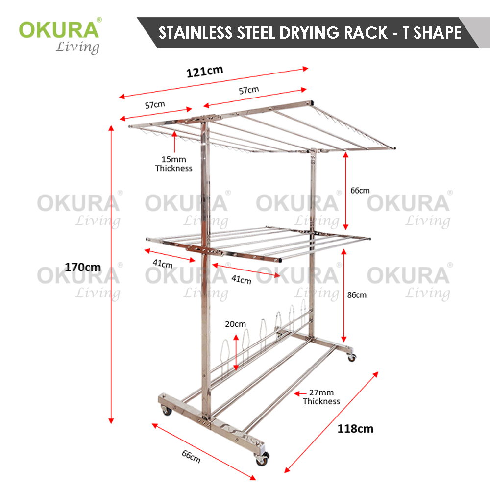 OKURA Stainless Steel Clothes Rack Cloth Drying Rack Foldable Mobility ...
