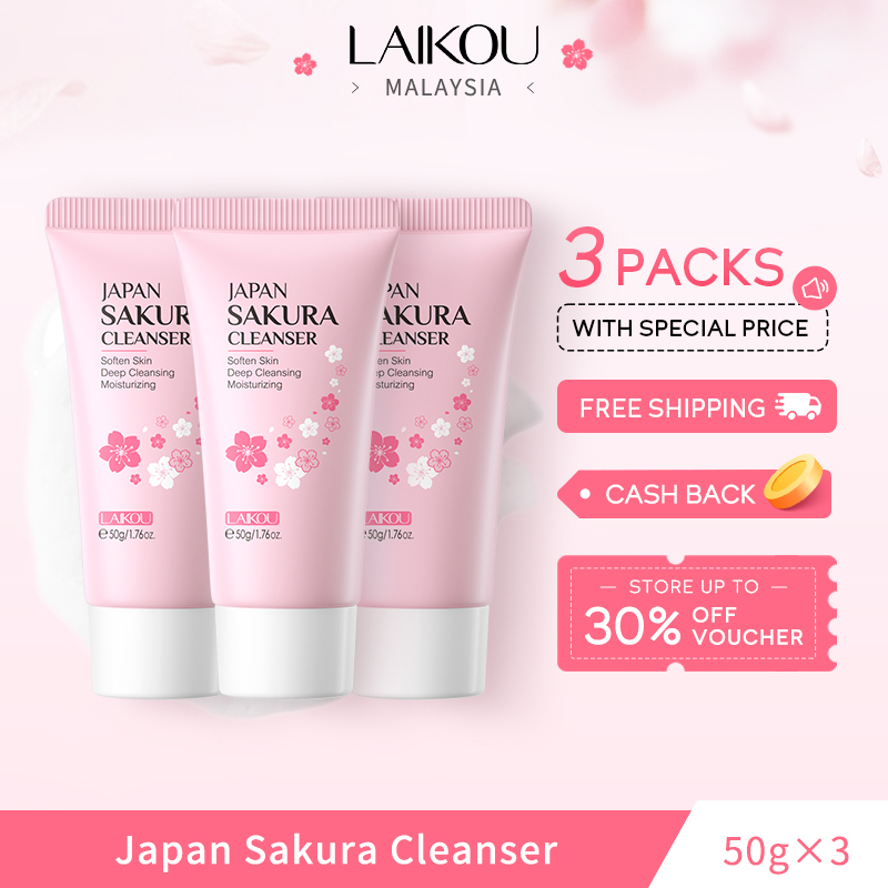 LAIKOU Sakura Cleanser 3 Pack Oil Control Brightening Deep Cleansing Pores Facial Wash 50g ...