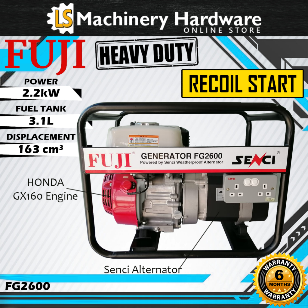 Fuji FG2600 2.2KW Petrol Generator with HONDA GX160 Engine & Senci ...