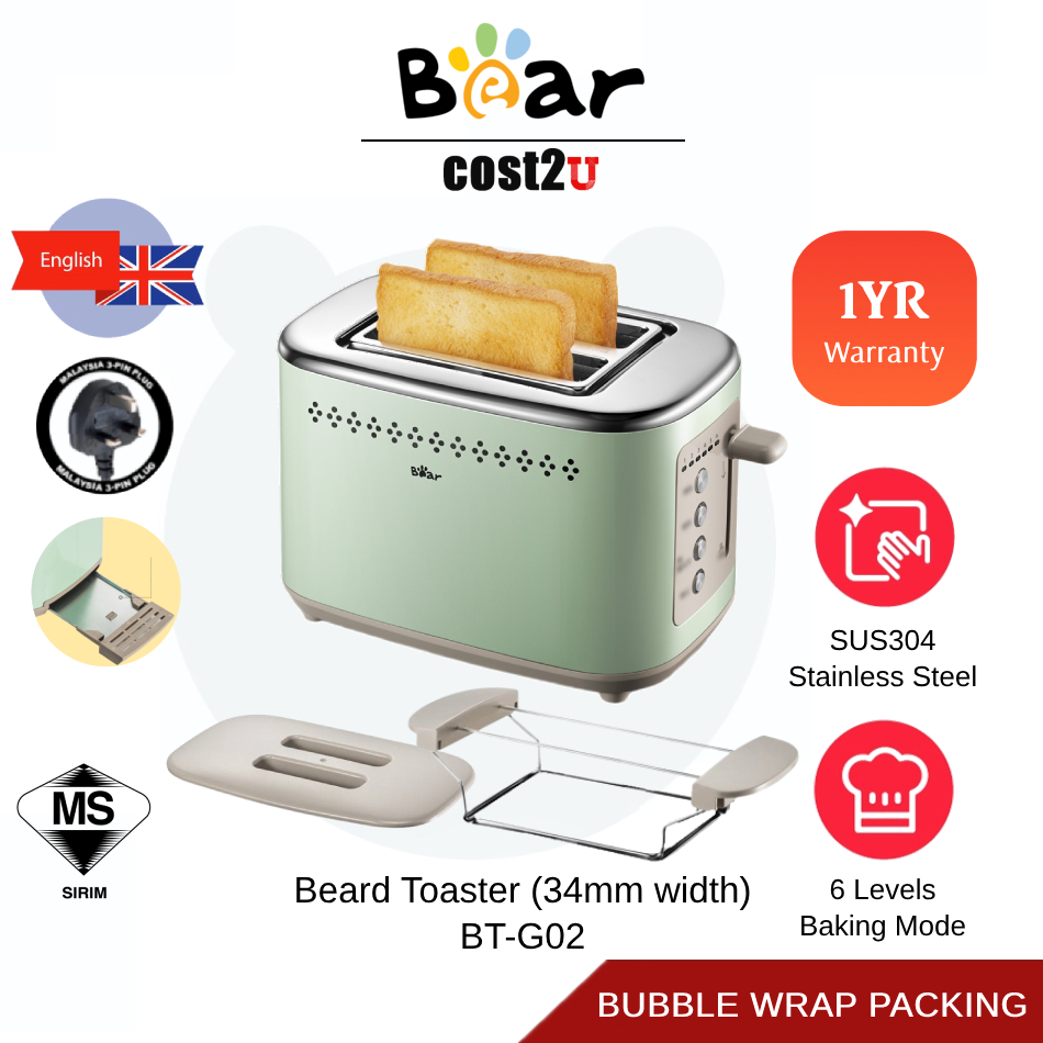 Bear 2 Slice Toaster with Lid (6 Heat Levels) | BT-G02 (Stainless Steel ...