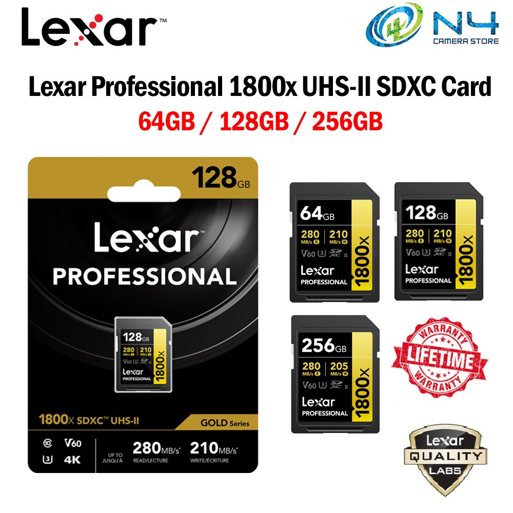 Lexar 64GB / 128GB / 256GB Professional 1800x SDXC™ UHS-II Card GOLD Series Memory Card SD Card ...