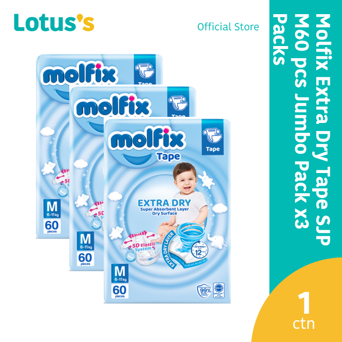 Molfix Extra Dry Tape SJP M (60 Pcs x 3 Packs) (1 Carton) | Shopee Malaysia