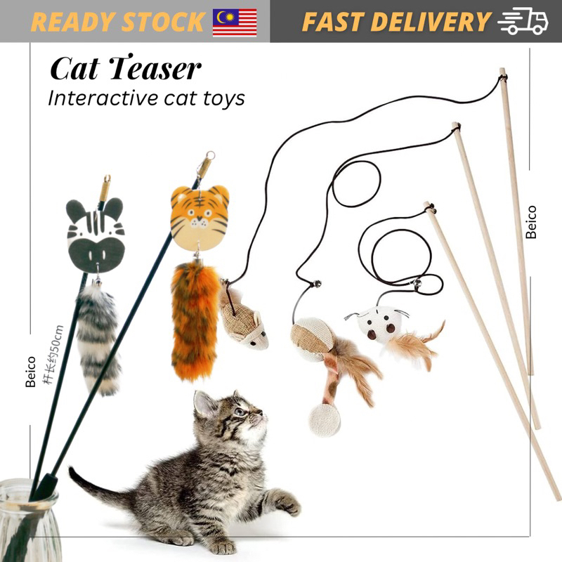 Teaser Toys Feather Linen Wand Cat Catcher Teaser Stick Cat Interactive ...