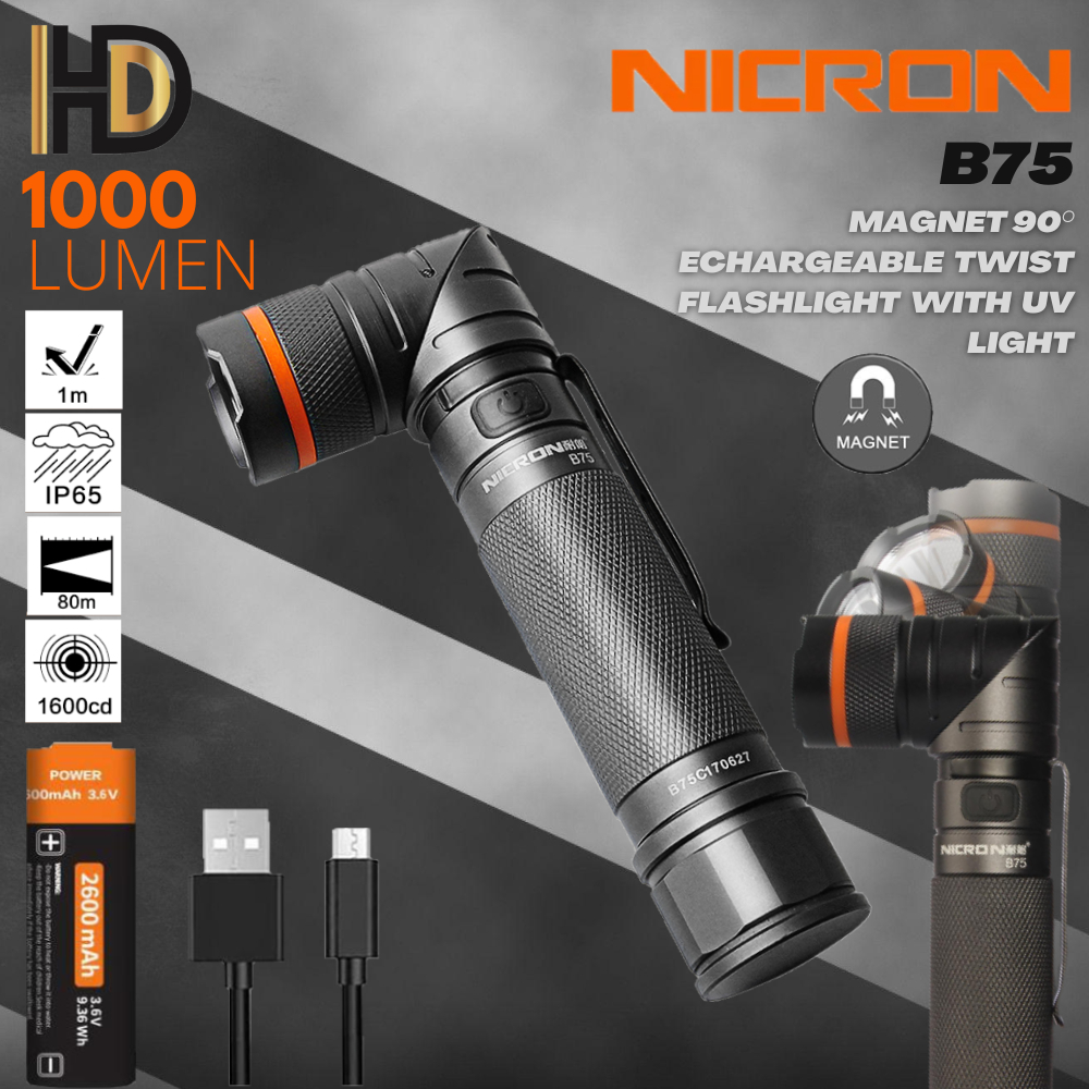 NICRON B75 Bi-LED UV Light Swivel Rechargeable Flash Light / 1000 Lumen ...