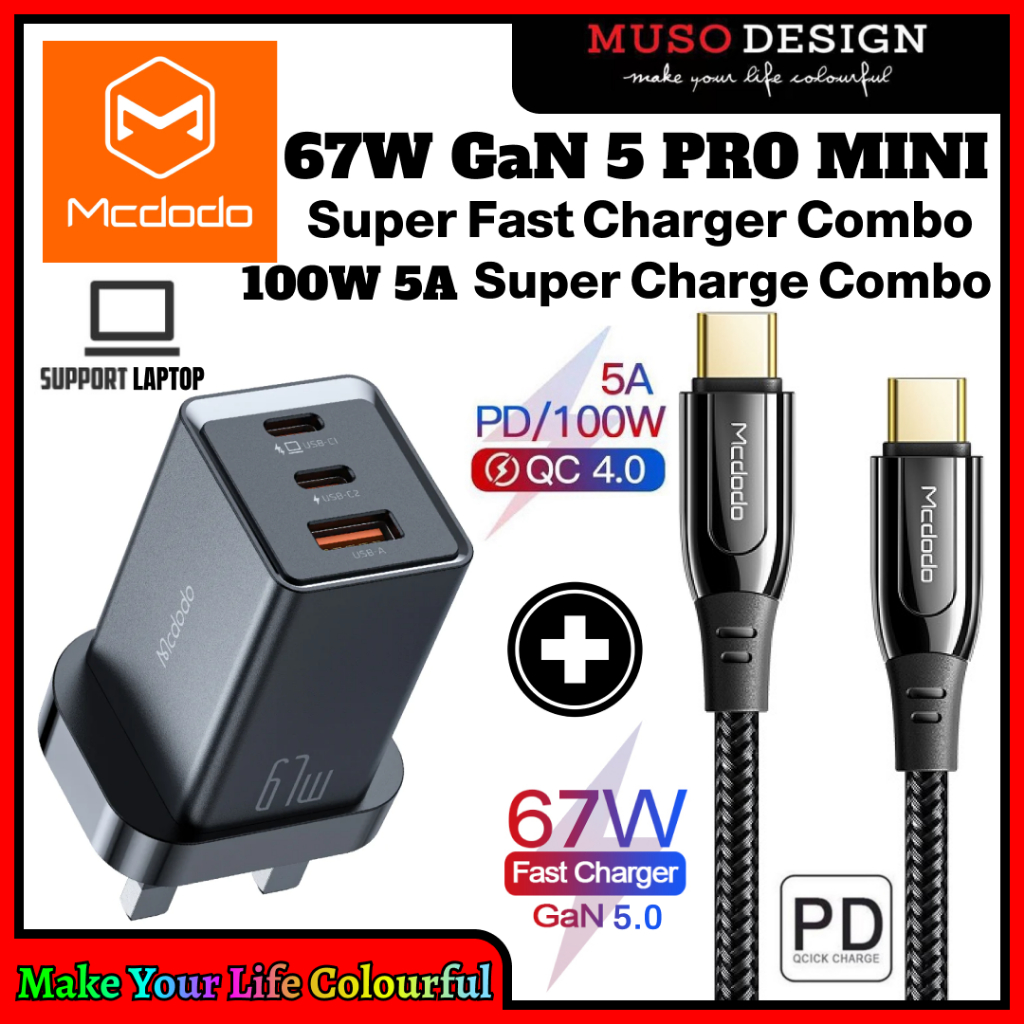 Mcdodo 67W PD GaN 5 Pro Mini Charger 2 USB-C + 1 USB-A Super Fast ...