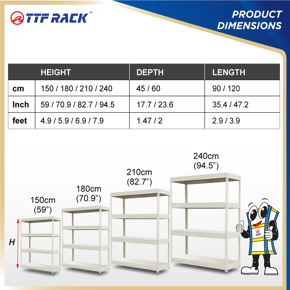 TTF Rack™ VITAL METAL RACK H150-240cm D45-60cm /4 Levels Boltless Rack ...