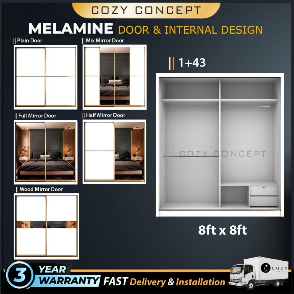[FREE INSTALL] 100% Melamine Almari Baju Full Cermin /Mirror Wardrobe Sliding Door Anti Jump 5ft ...