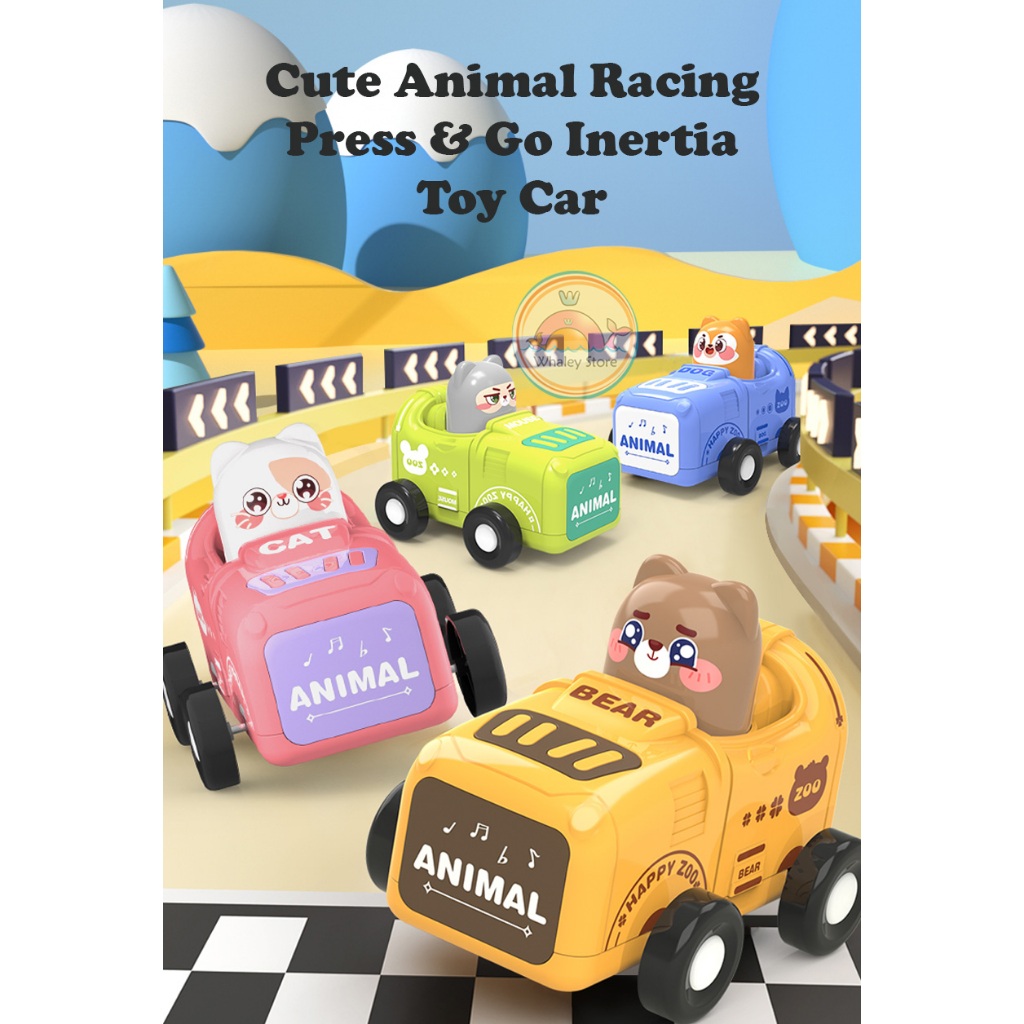 Cute Animal Racing Press&Go Inertia Toy Car,儿童萌趣动物赛车按压惯性回力车,Mainan ...