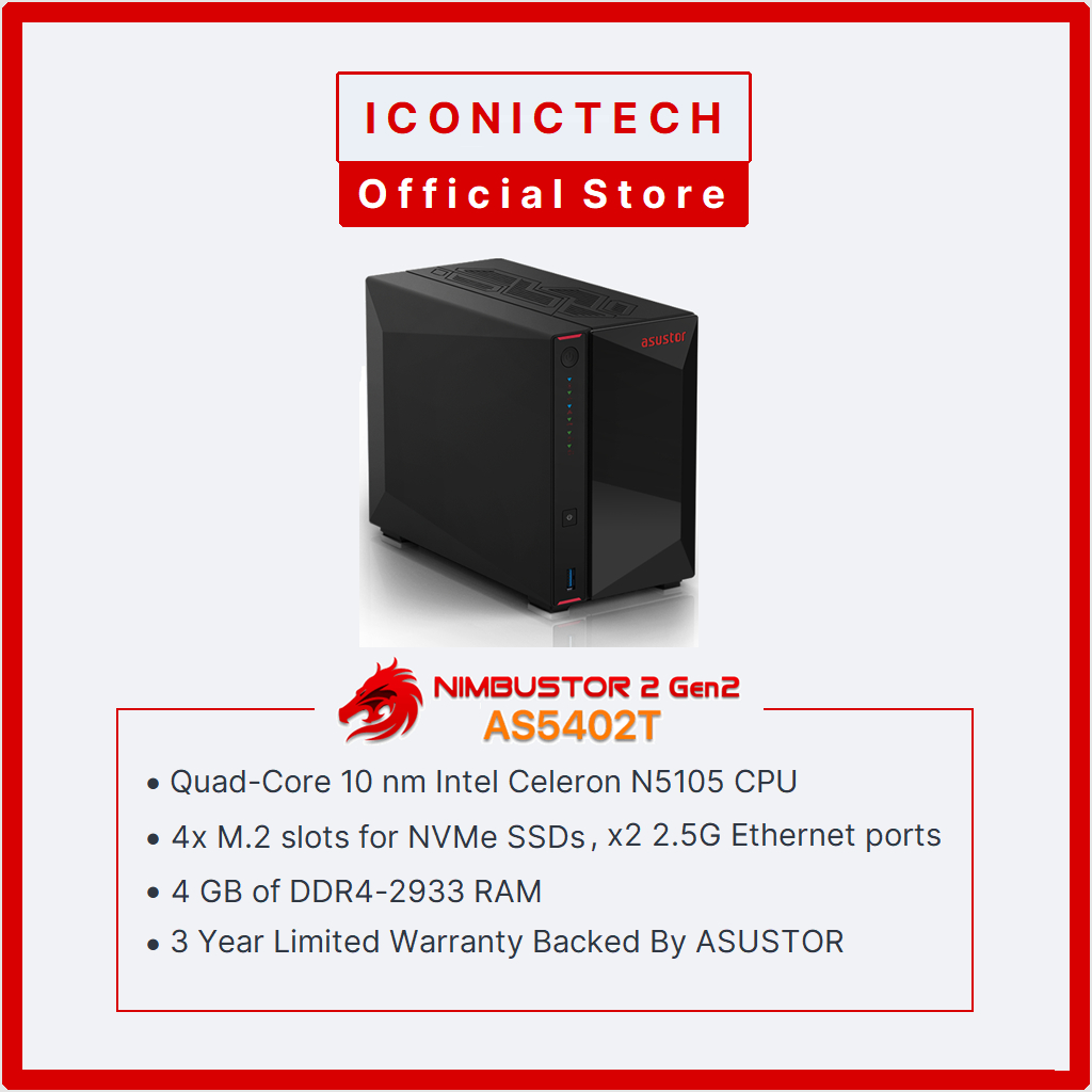 Asustor AS5402T 2 Bay NAS Storage, Quad-Core 2.0GHz CPU, 4xM.2 NVMe SSD Slots, 2x2.5GbE Ports ...