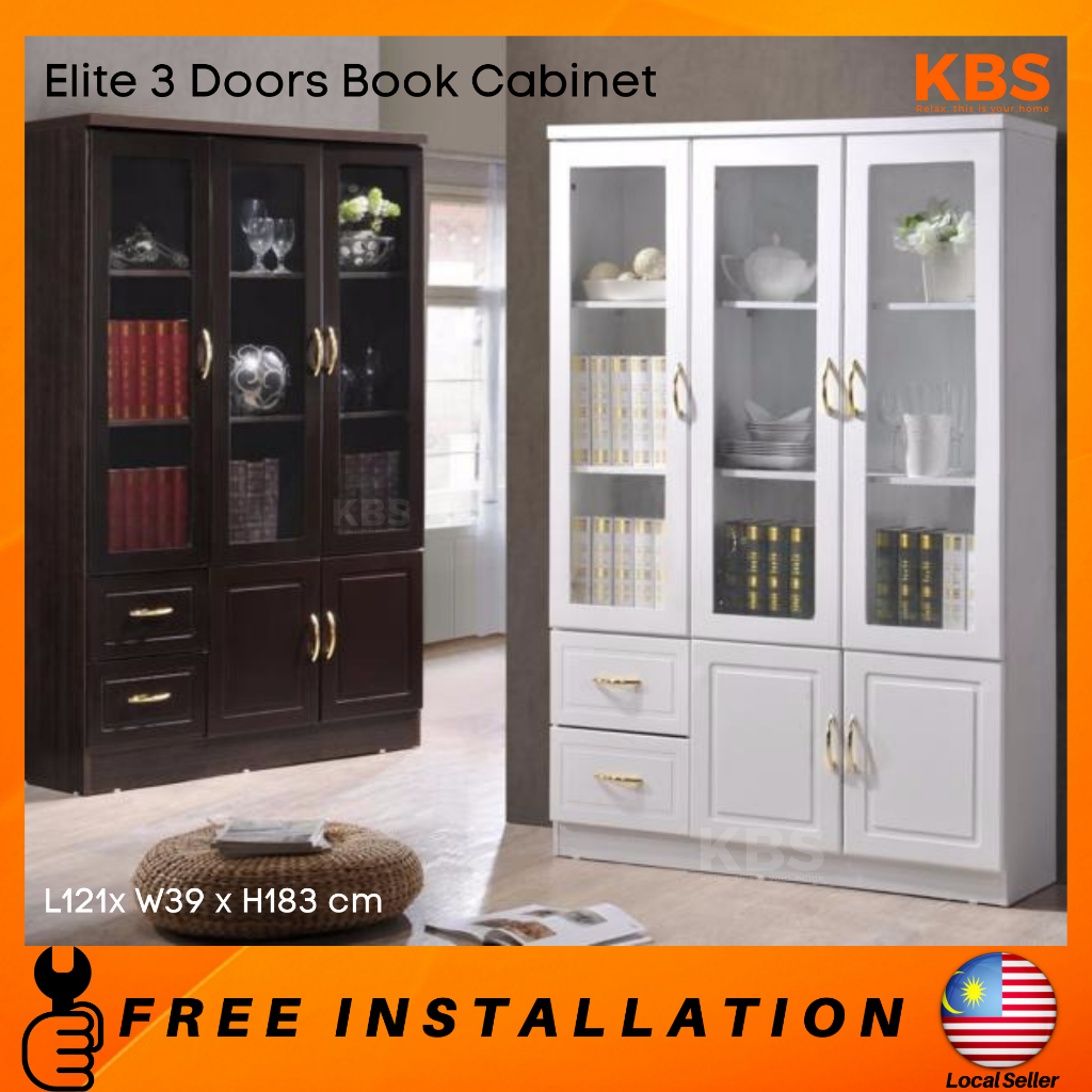 (FREE Installation+Assembly) KBS Elite 4FT Book Cabinet / 3Doors White / Dark Brown / Drawer ...