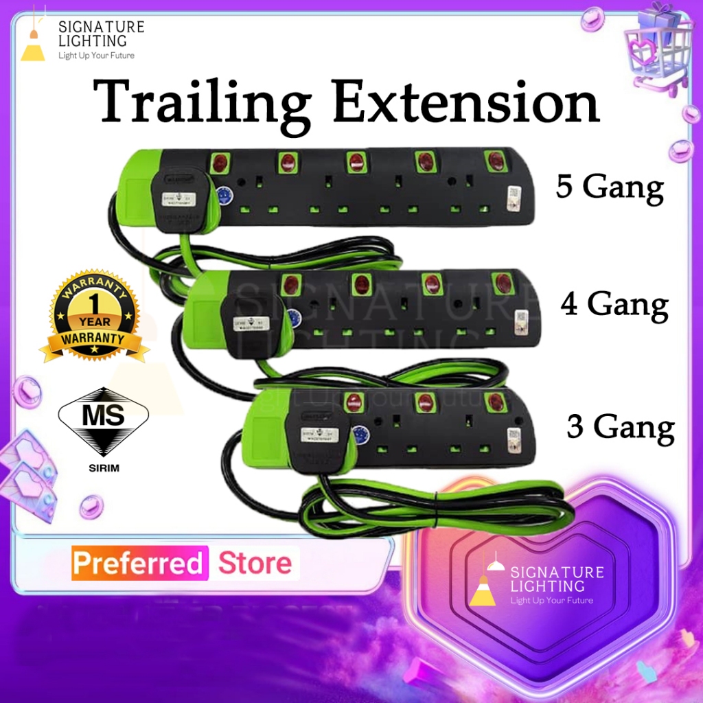 Trailing Socket Extension Plug [ Sirim Approved ] Soket 3 4 5 Gang And 2 5 Meter Neon Extension