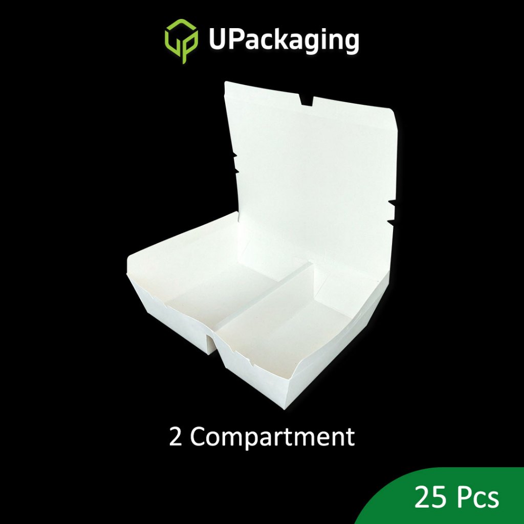 [25 Pcs] MEDIUM 2 COMPARTMENTS LUNCH BOX Disposable Takeaway White ...