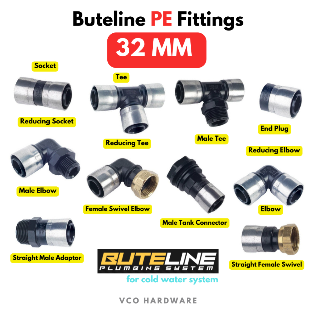 [ 32 MM ] Buteline PE Fittings for Cold Water System / Socket Elbow Tee ...