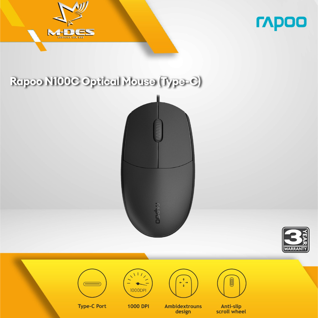 Rapoo N100C Type-C Wired Optical 1000 DPI Mouse - 3 Years Warranty | Shopee Malaysia