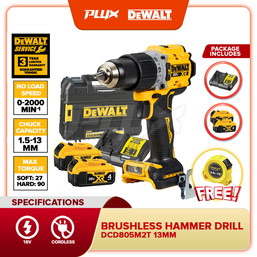 DEWALT DCD805M2T 18V/20V MAX Cordless Brushless Compact Hammer Drill ...