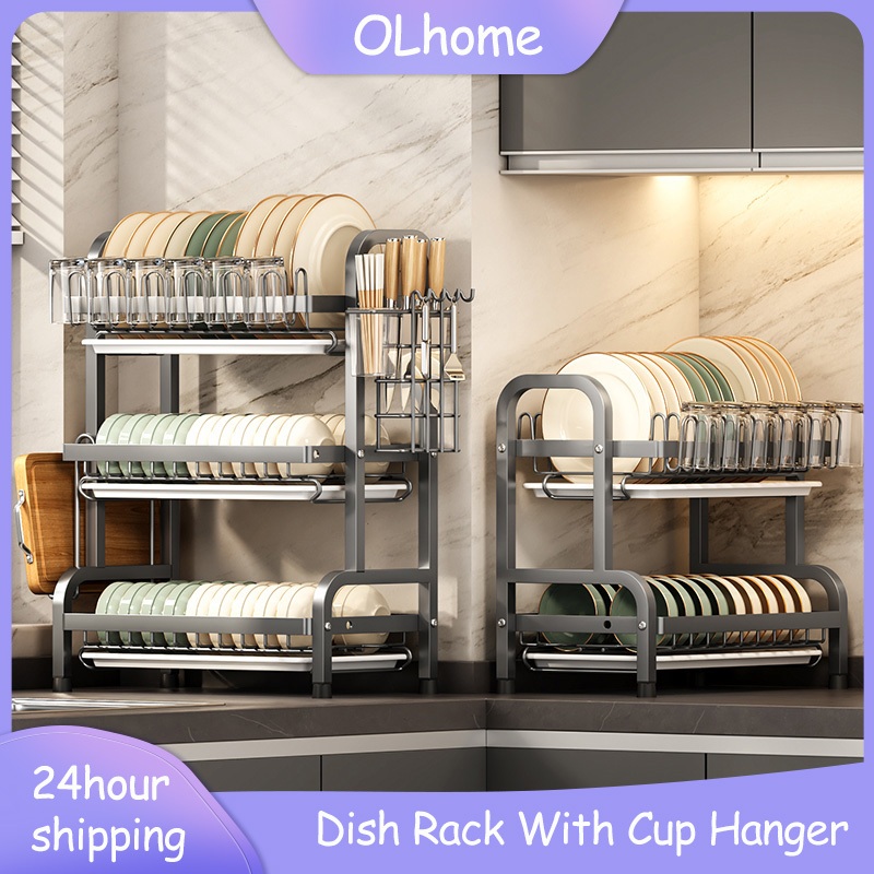 Stainless Steel Dish Rack With Cup Hanger Kitchen Dish Drainer Storage ...