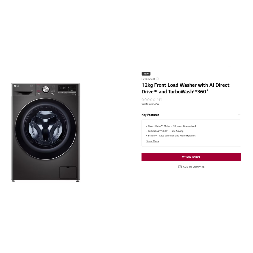 LG NEW 12kg Front Load Washer with AI Direct Drive™ and TurboWash™360˚ LG-FV1412S3B | Shopee ...