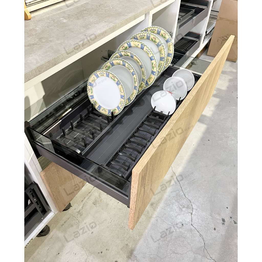 Three Sides Aluminium Dark Grey coated Drawer Dish Rack Soft Closing ...