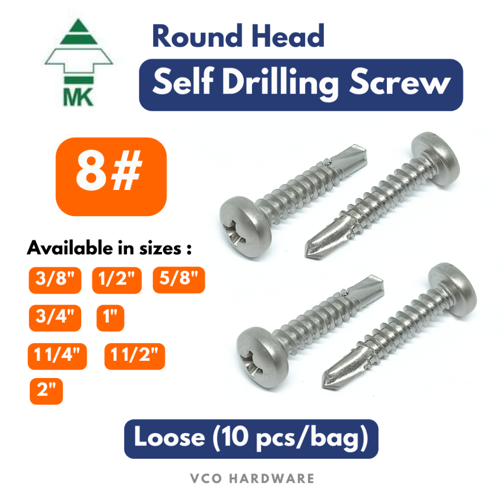 [ 10 PCS / 8# ] MK 8# Round Head Self Drilling Screw/Skru Besi/Mata ...