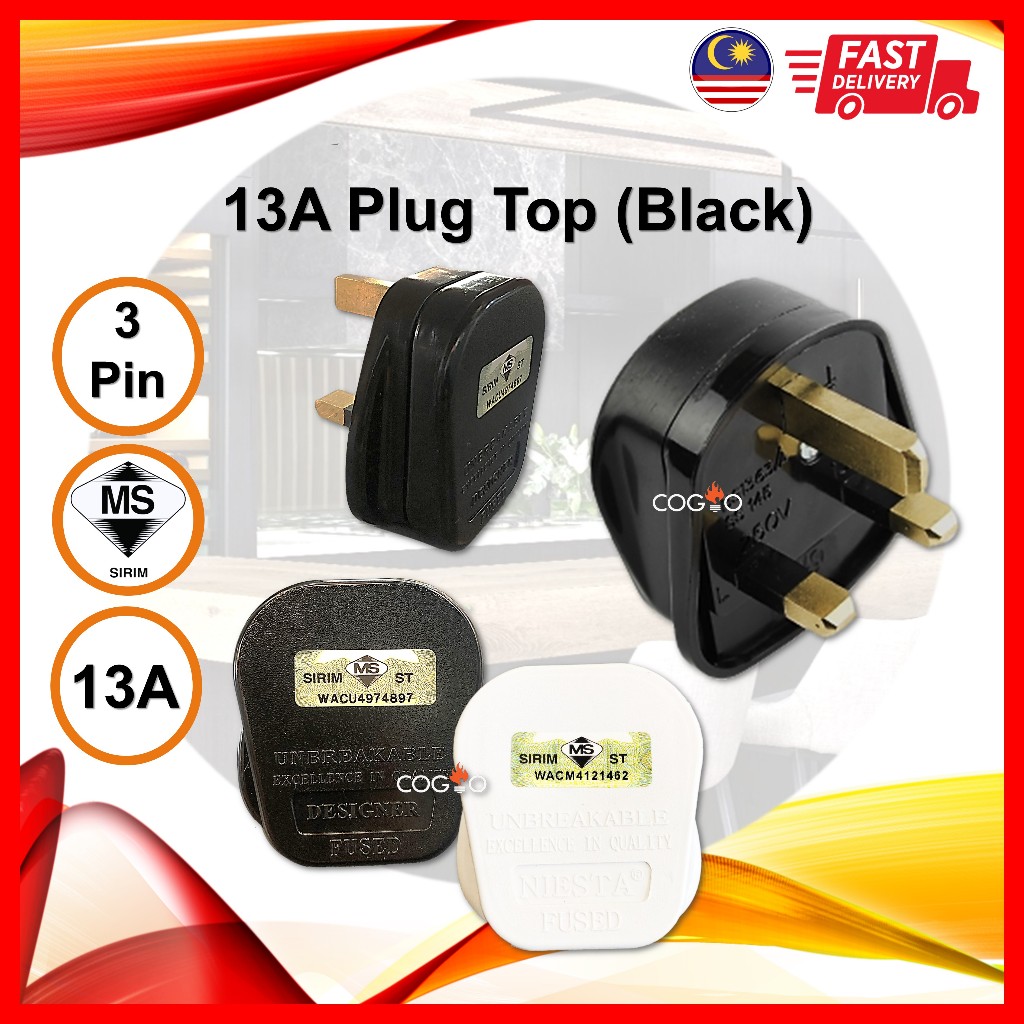 (SIRIM) 13A Plug Top Socket 3 Pin UK Black White Unbreakable Fused ...