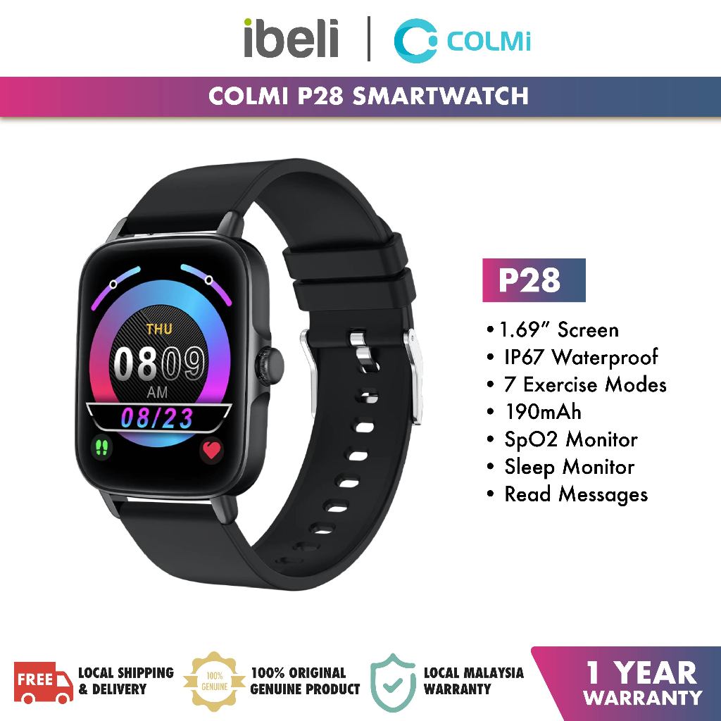 Colmi P28 Smart Watch 1.69" Screen Read Messages 24/7 Heart Rate IP67 ...