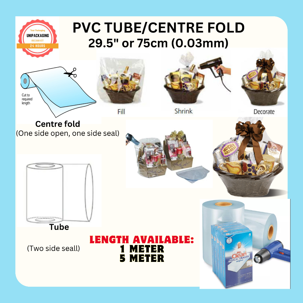 29.5"or 75cm PVC Shrink Film Centre Fold/Tube Hamper Wrap (0.03mm ...