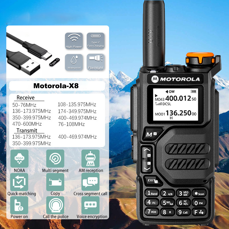 Motorola X8 Walkie Talkie 10W AM/FM 5500mAH Dual Band VHF/UHF One-Click Frequency Measurement ...