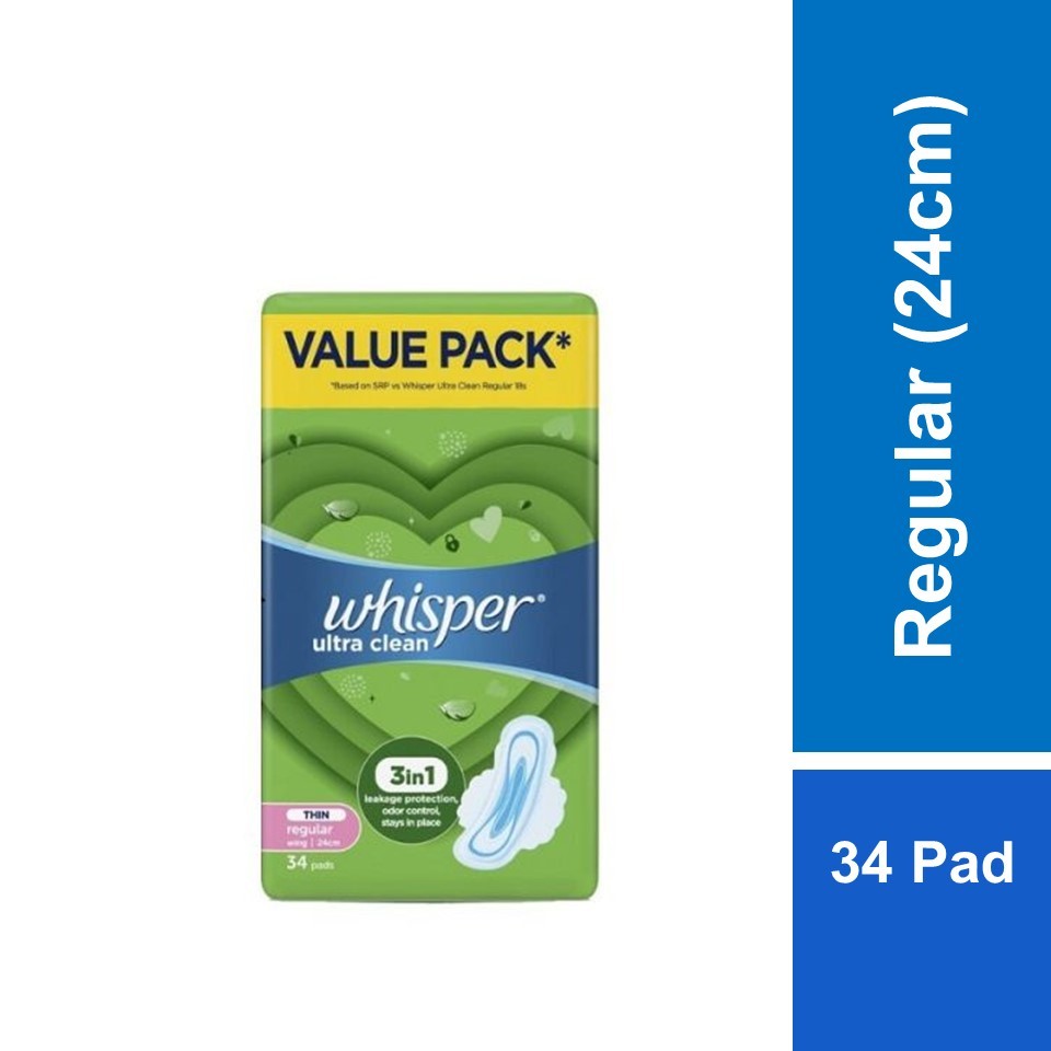 Whisper Ultra Clean Thin Regular Wing Sanitary Pads 24cm 34 pads ...