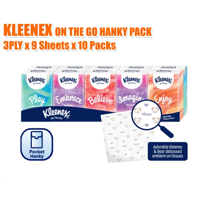 KLEENEX On The Go Hanky Pack 3ply x 9 Sheets x 10 Packs Pocket Tissue | Shopee Malaysia