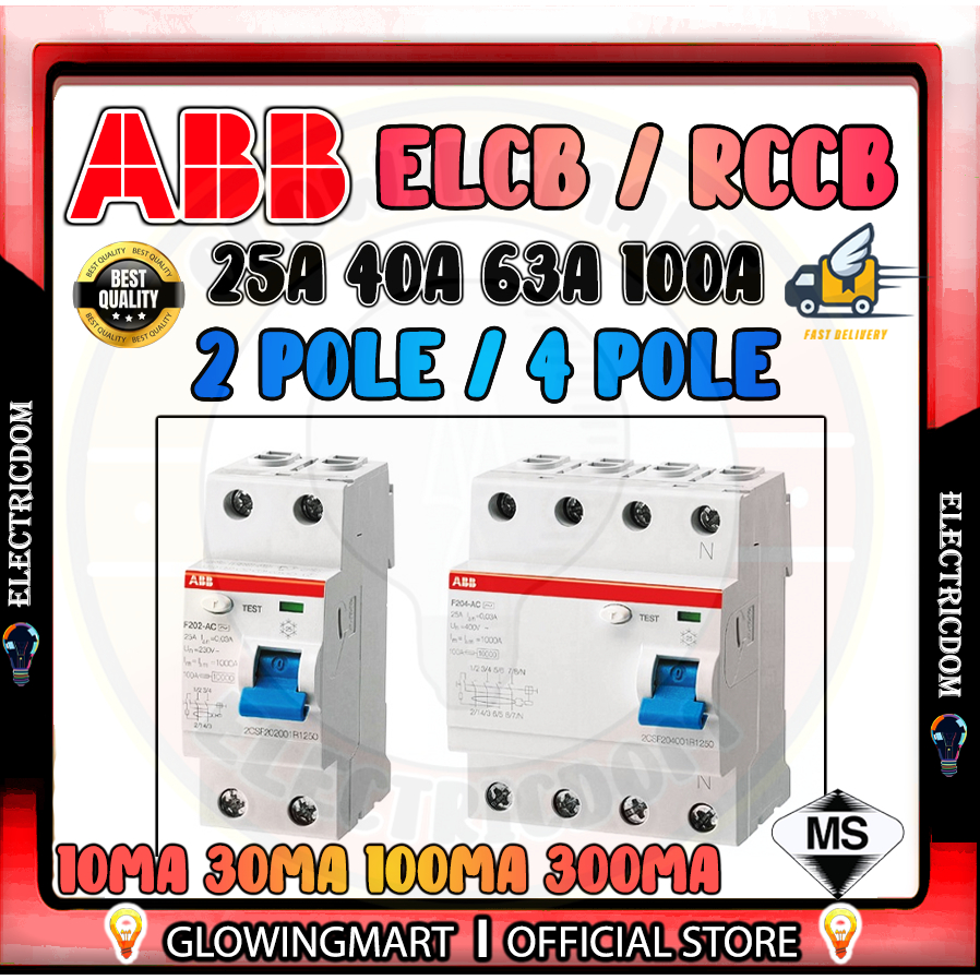 ABB 2Pole 4Pole ELCB RCCB [ 25A/40A/63A/100A ] , ( 10MA/30MA/100MA/300MA) Residual Current ...
