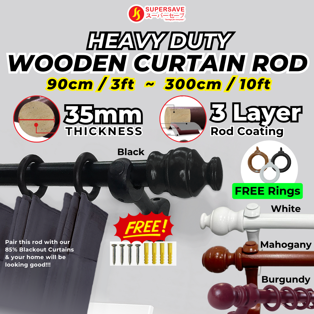 SUPERSAVE 35mm / 28mm Solid Wooden Curtain Rod Batang Langsir Kayu ...