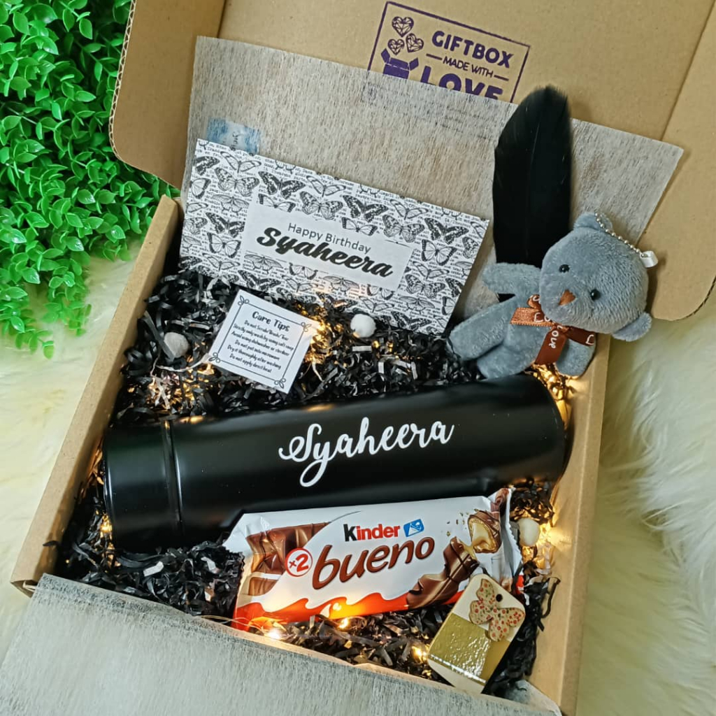 CUSTOMIZE NAME SURPRISE GIFT BOX FLASK + MINI TEDDY + KINDER BUENO ...