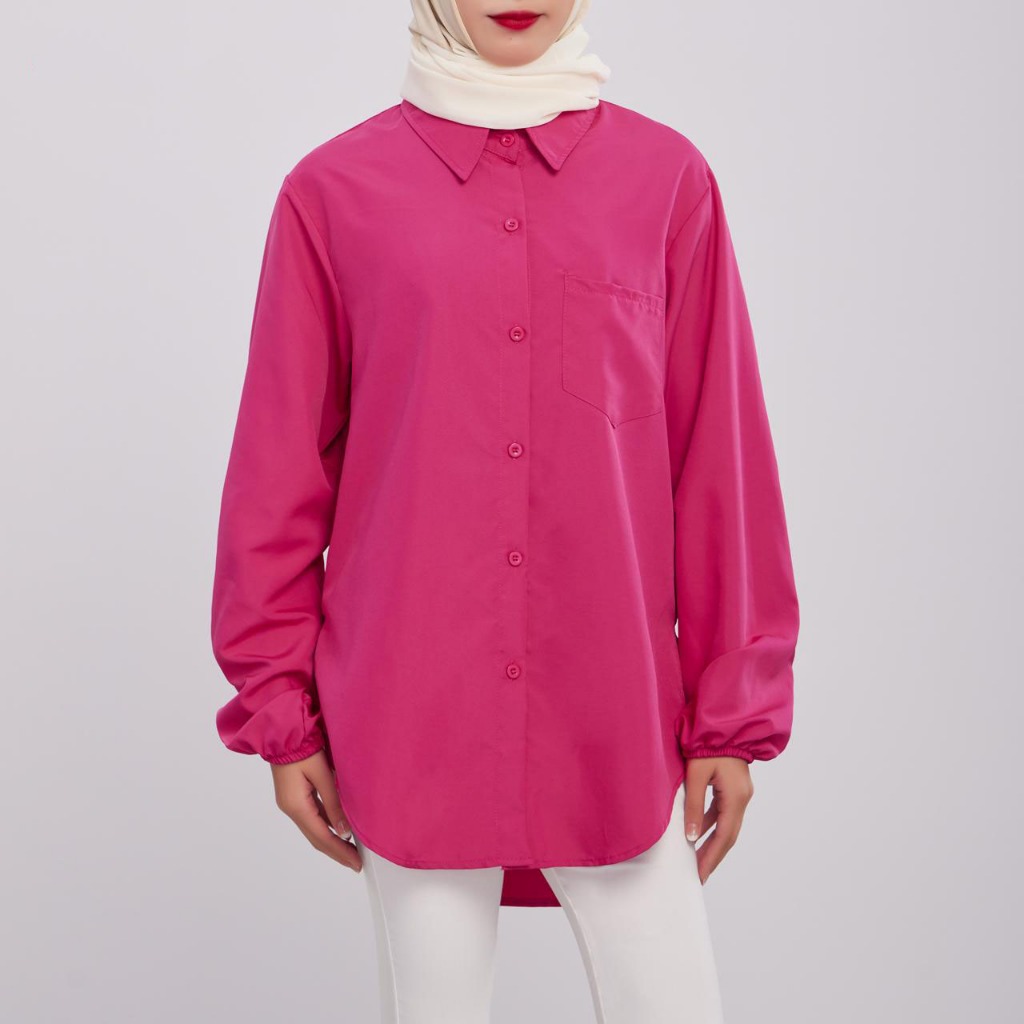 Baggy Blouse Women Elastic Cuffs Baggy Shirt Mid Length Solid Color Pocket Shirt Outfit Style