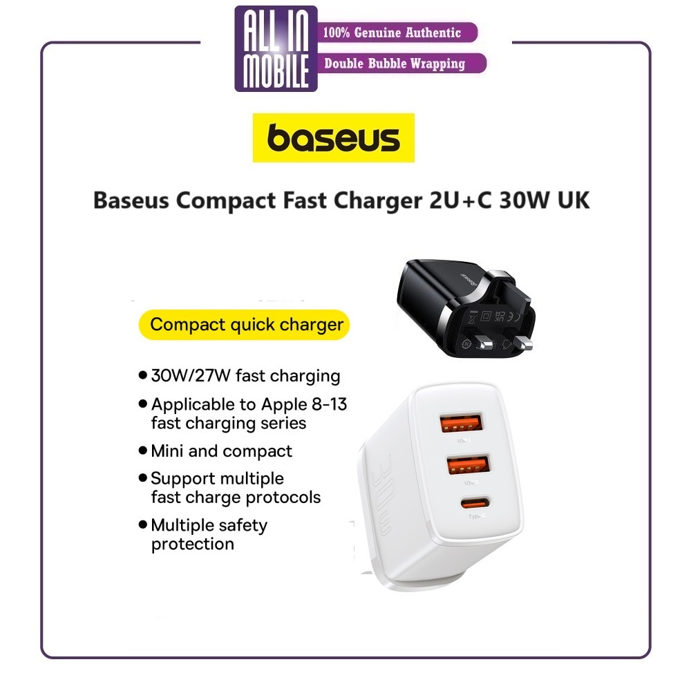 [Original] Baseus Compact Fast Charger 2U+C 30W UK 3 Pin Adapter - 1 ...