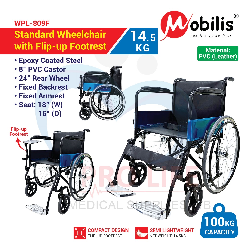 Mobilis Standard Wheelchair with Flip-up Footrest (WPL-809F) | Shopee ...
