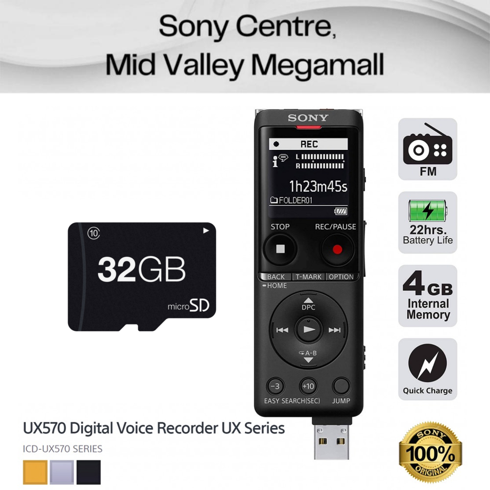 Sony ICD-UX570F Stereo Digital Voice Recorder with Noise Reduce + Internal 4GB Memory -FOC 32GB ...