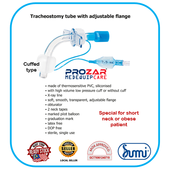 SUMI TRACHEOSTOMY CUFFED ADJUSTABLE FLANGE FOR SHORT NECK OR OBESE ...