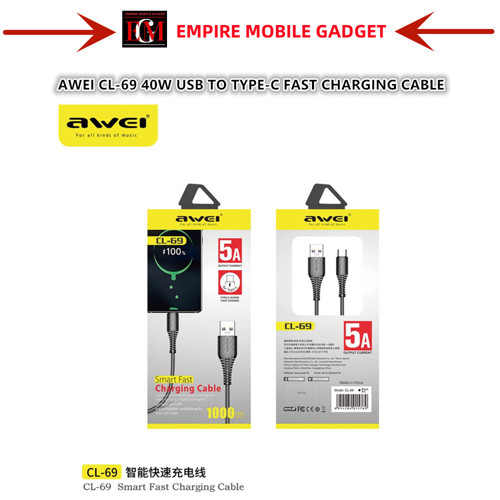 AWEI CL-69 40W 1METER USB TO TYPE-C FAST CHARGING CABLE | Shopee Malaysia
