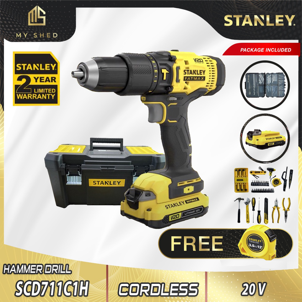 STANLEY SCD711C1H 20V FATMAX Cordless 13mm 1500rpm Hammer Drill Multi ...