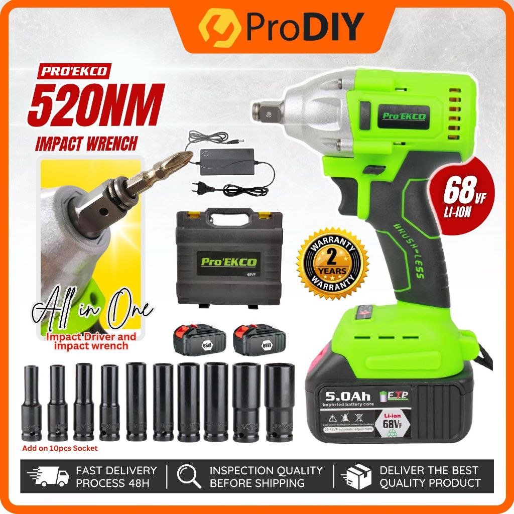 EKCO 520NM Cordless Impact Wrench 4400RPM 68Vf 1/2 inch Cordless Driver ...