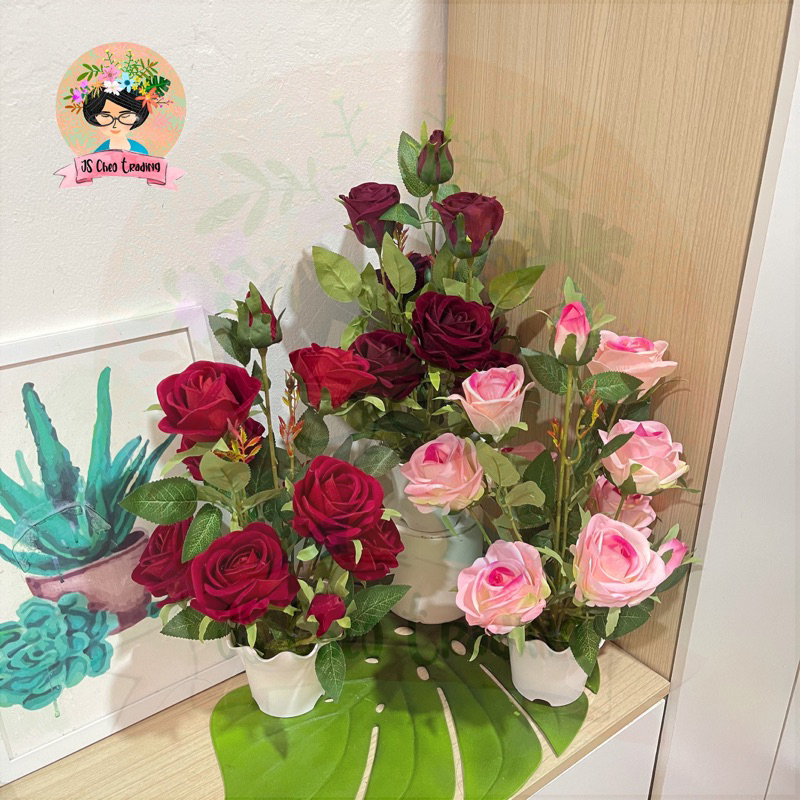 Bunga Rose Siap Gubahan/10 Kuntum Bunga/Artificial Rose With Pot ...