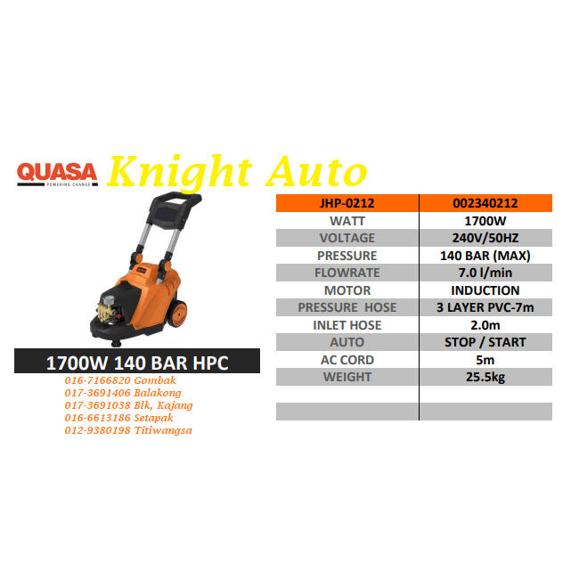 QUASA JHP-G0212 6L 140bar High Pressure Cleaner w/ Induction Motor ...