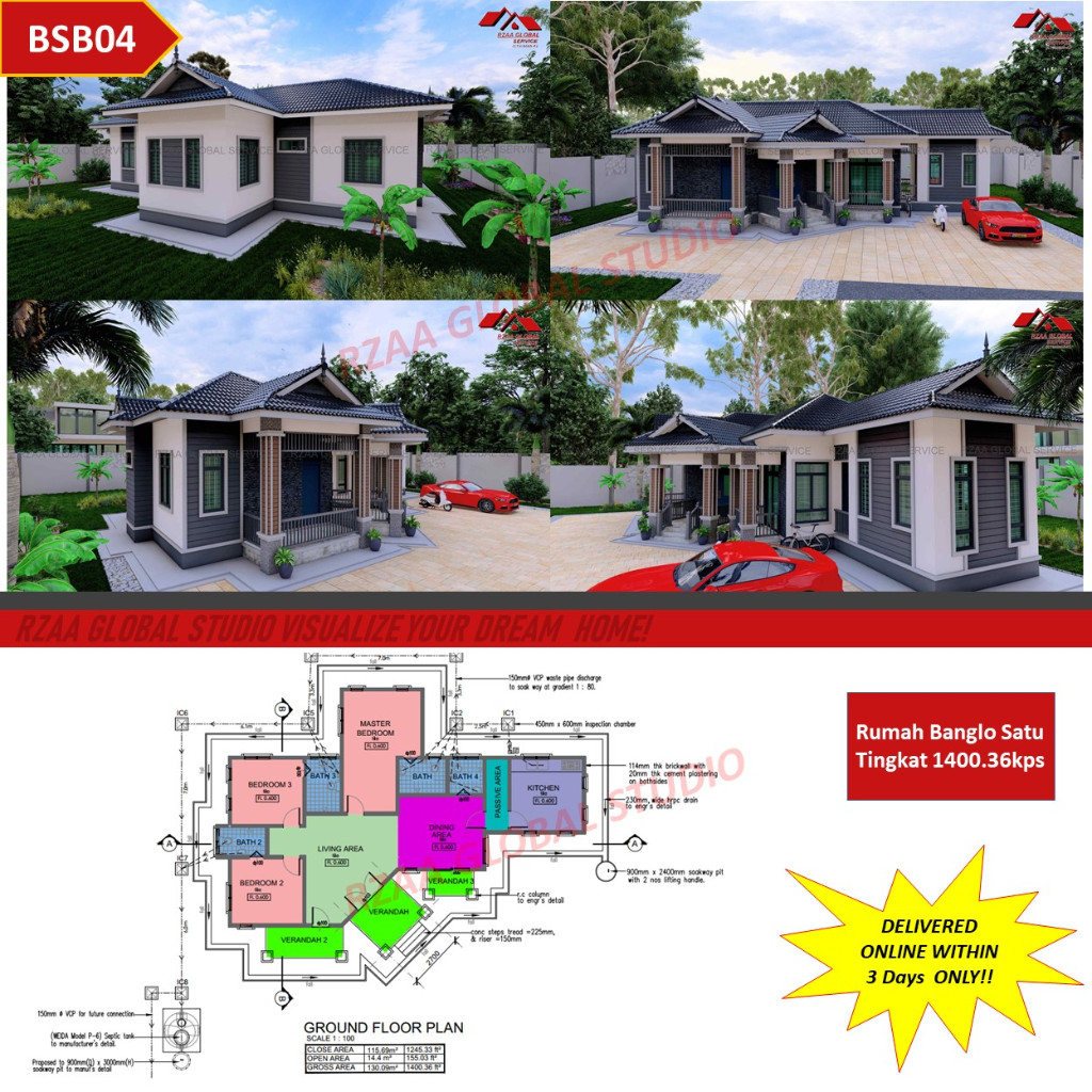 BSB04 PELAN RUMAH BANGLO SATU TINGKAT SETENGAH IDAMAN BERKELUASAN 1 ...