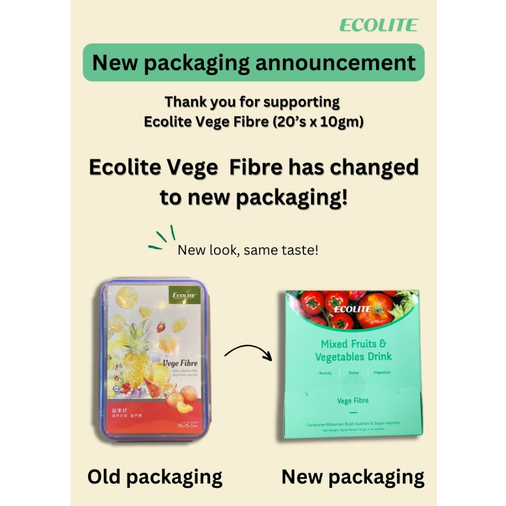 NEW PACKING ECOLITE MIXED FRUITS &VEGETABLES DRINK VEGE FIBRE (10G x 15 ...