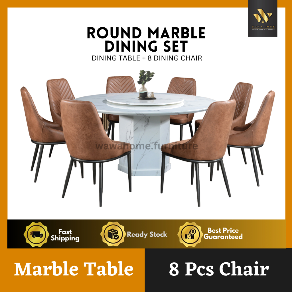 Round Marble Dining Set With 8 Chairs (1+8) Free Turn-top / Set meja ...
