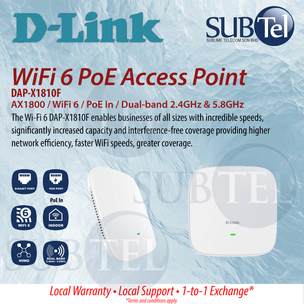 D-Link AX1800 WiFi 6 Dual-Band 2.4Ghz 5Ghz PoE Access Point DAP-X1810F ...