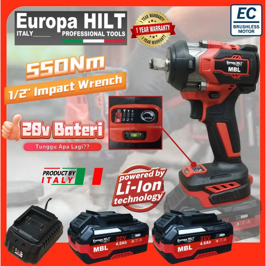 Europa HILT ITALY MBL20IW-550 20v Cordless BrushLess Impact Wrench ...