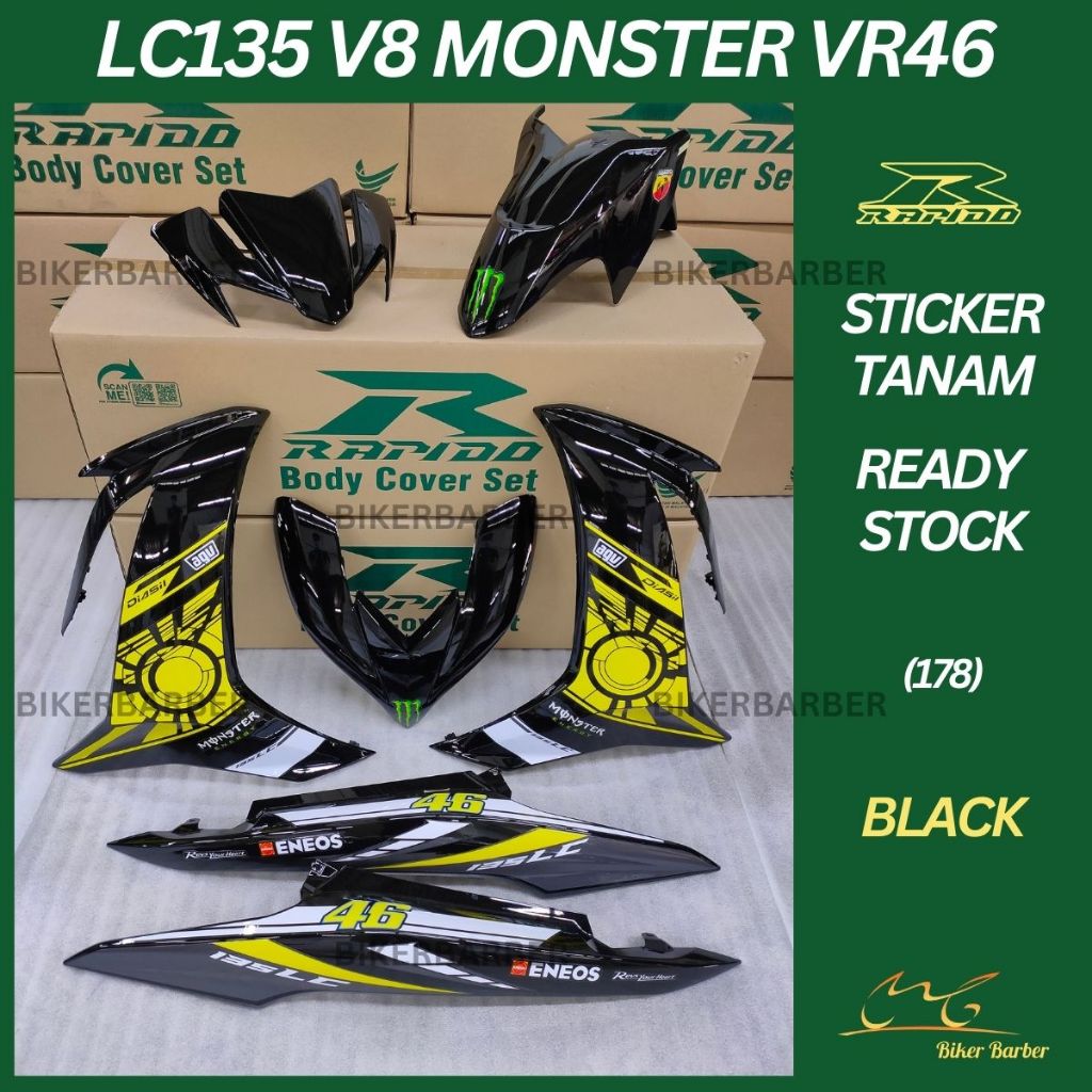RAPIDO Cover Set Yamaha Lc135 V8 Monster VR46 (178) Black Body Coverset ...