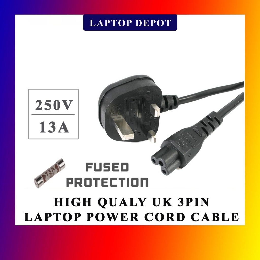 PREMIUM QUALITY UK 3 Pin Laptop Adapter 250V 13A Fused Protection Power ...