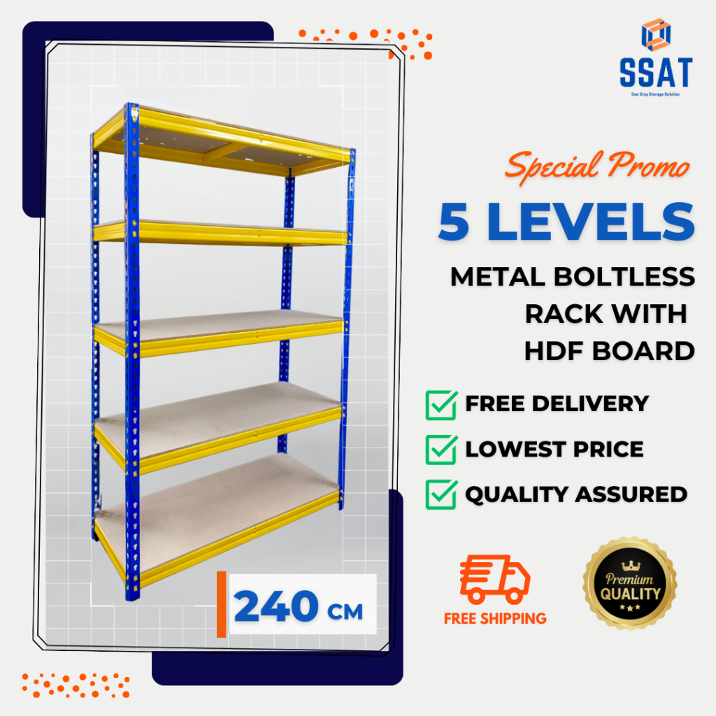 SSAT Adjustable Metal Boltless Rack Shelf 2400 (H) 5 level SSE HDF board Rak Besi Dapur Garage ...